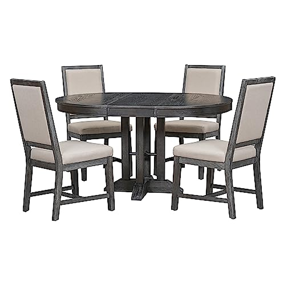 KoiHome 5 Piece, 42"-58" Farmhouse Round Extendable 16" Leaf Wood and 4 Upholstered Chairs, Set of 5, Family Dining Table Set for Restaurant, Kitchen (Black)