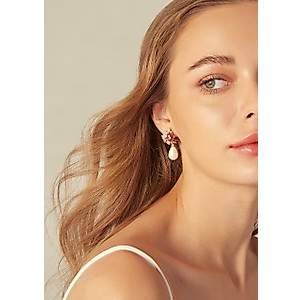 Anthia Jewelry Womens 925 Sterling Silver Classy Flowers Cubic Zirconia Teardrop Imitation Pearl Dainty Fashion Statement Accessory French Back Drop Dangle Hanging Dangling Earrings, Purple & Pink