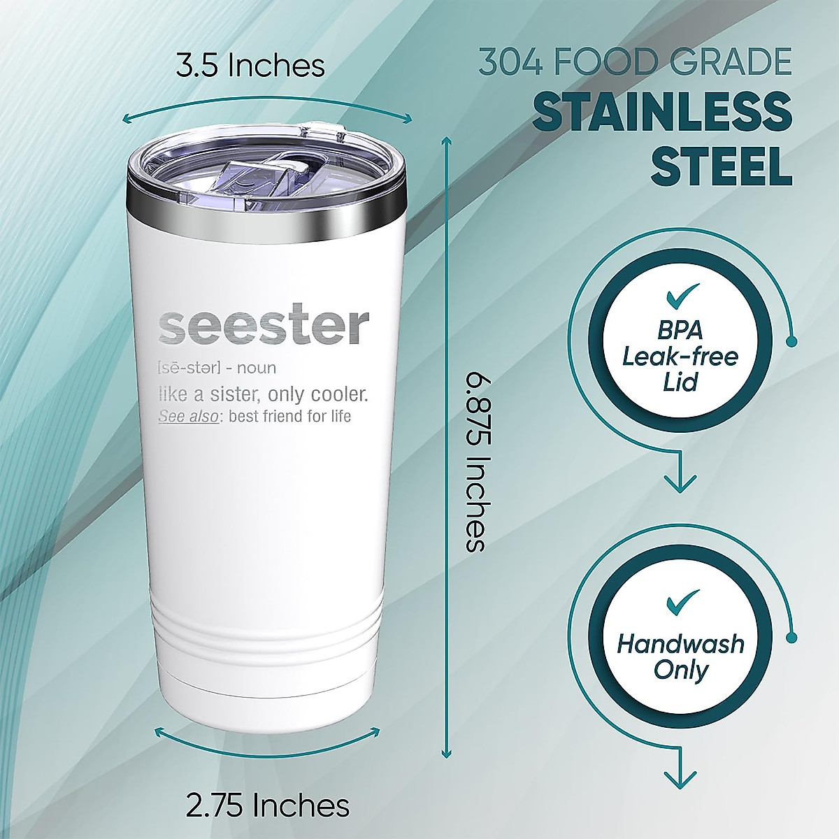 shop4ever Seester Definition Insulated Tumbler 20 oz. with Lid, Stainless Steel Cups Travel Coffee Mug Funny Gift for Sister Best Friend (White)