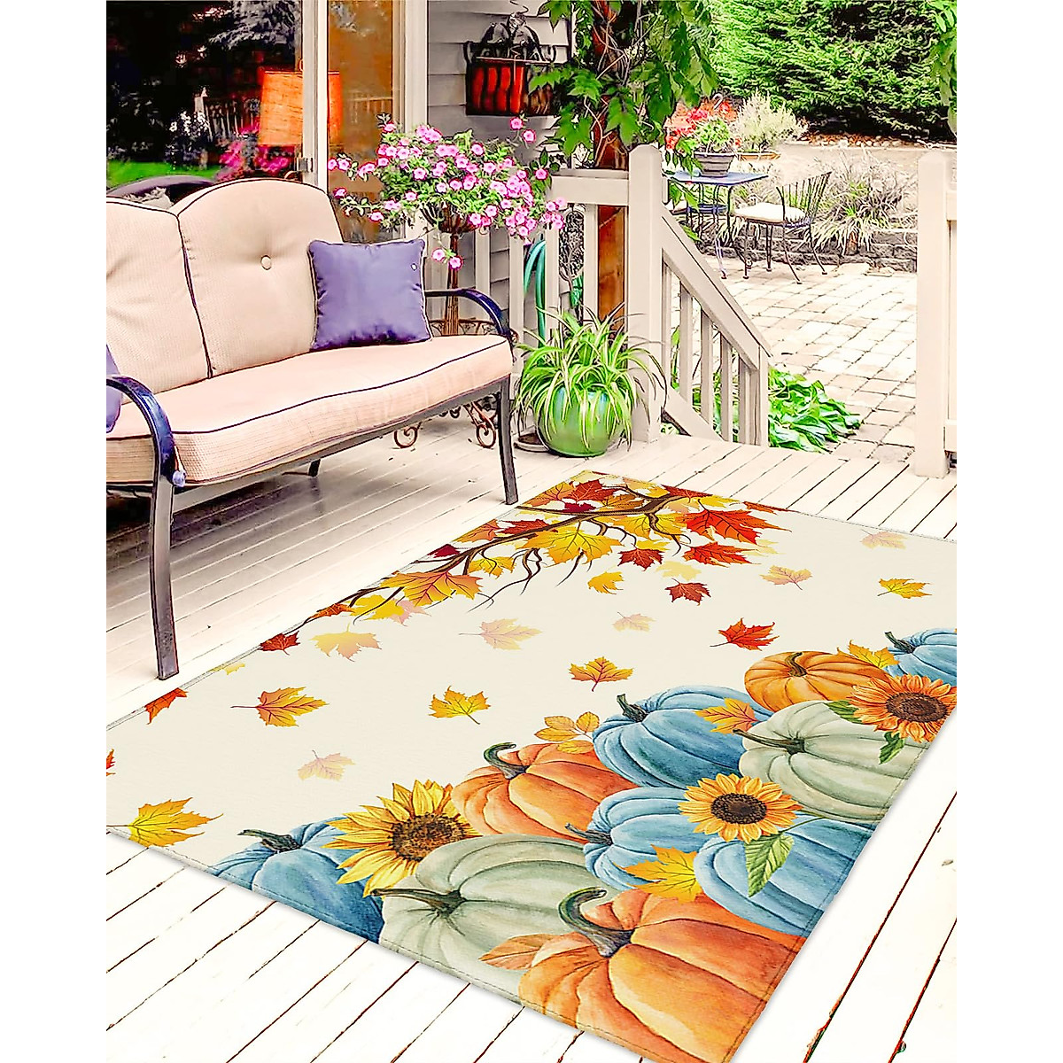 Thanksgiving Fall Outdoor Rugs for 5'x8' Patios Clearance, RV Camping Mat Rug Portable Outside Rug Indoor Outdoor Area Rug Mat for Beach Deck Pool Pumpkin Autumn Maple Leaves