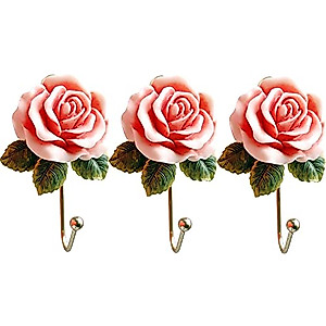 OPENDGO 3PCS Rose Resin Wall Hooks Wall Mounted Creative Flower Iron Hook for Hanging Coat/Hat/Key/Towel/Handbag Hooks/Hangers Room Wall Decor
