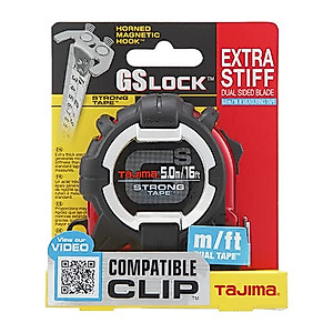 TAJIMA Tape Measure - 16ft/5m x 1in GS-Lock Measuring Tape with Compatible Clip & Horned Magnetic Hook - GS-MC16/5MBW