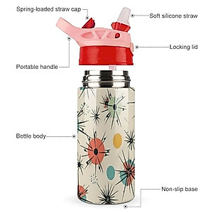 Stainless Steel Water Bottles Atomic Stars Retro Pattern Travel Water Cups with Handle And Silicone Straw Drinking Cup with Leak Proof Lid Thermo Travel Mug for Women Men