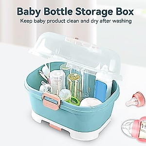HERCHR Baby Bottle Drying Rack Storage, Large Nursing Bottle Storage Box Organizer Portable Nursing Cutlery Box Container with Cover(Green)