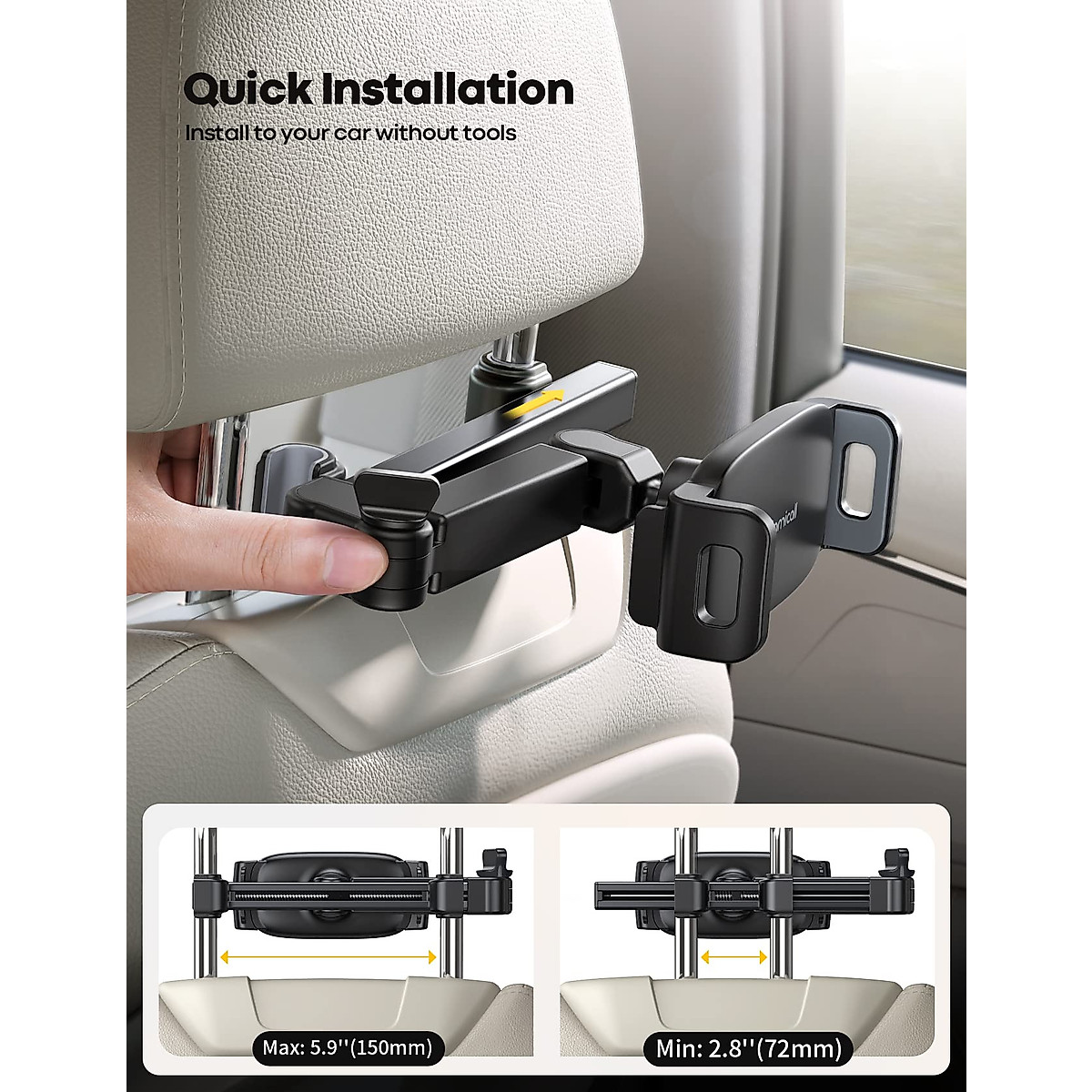 Lamicall Car Headrest Tablet Holder - [3 in 1 Extension Arm] Adjustable Tablet Car Mount for Back Seat, Road Trip Essentials for Kids, for 4.7-11" Tablet Like iPad Pro, Air, Mini, Galaxy, Fire, Black