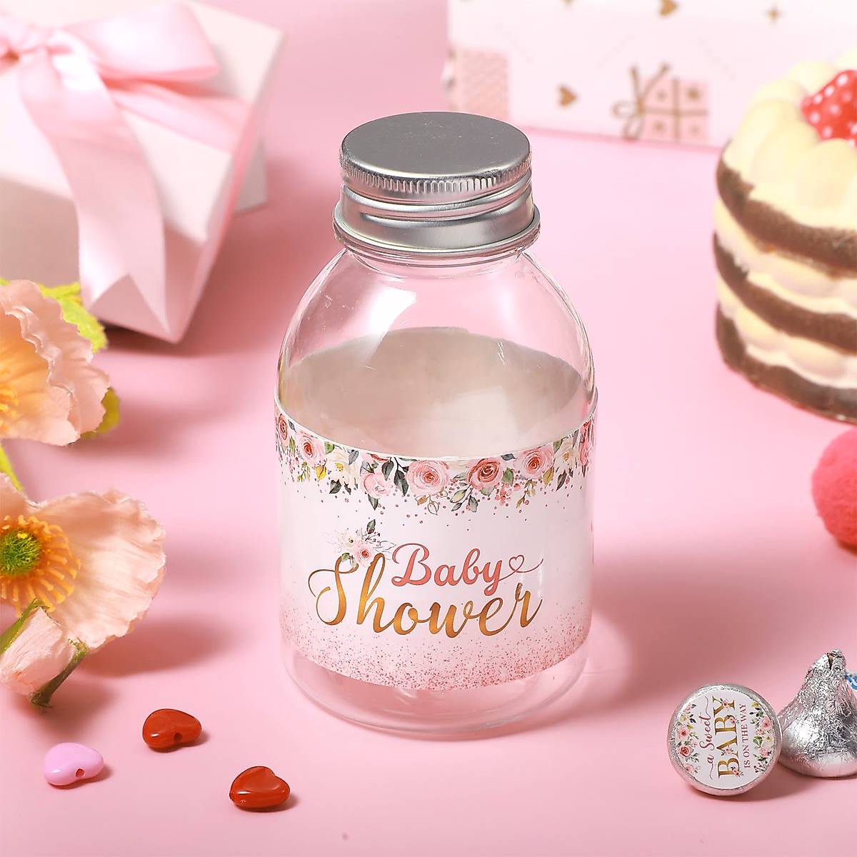 Colarr 72 Pcs Pink Baby Shower Water Bottle Labels Baby Shower Water Bottle Wrappers for Girls Water Bottle Labels Pink Gold Flower Baby Shower Party Decoration Floral Baby Shower Party Supplies