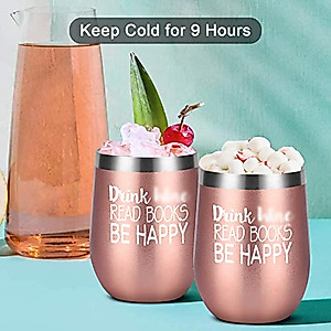 GINGPROUS Book Lovers Gifts, Drink Win Read Books Be Happy Wine Tumbler, Birthday Christmas Gifts for Book Club, Librarians, Readers, Bookworm, Friends, 12 oz Stainless Steel Wine Tumbler, Rose Gold