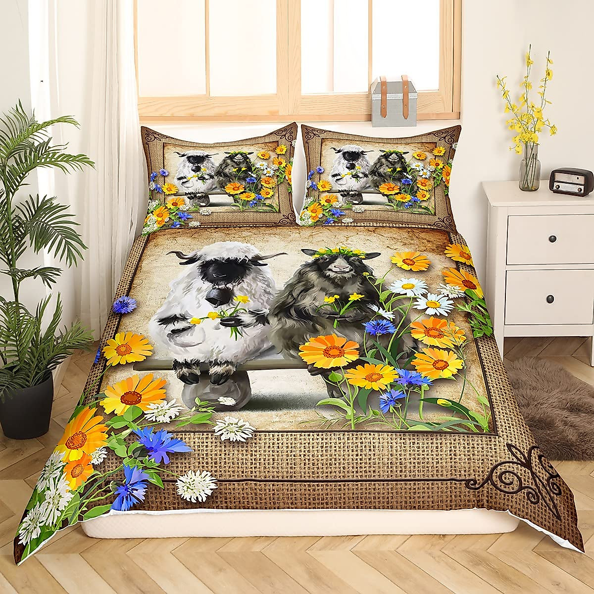 Sheep Print Duvet Cover Set Full Size Farmhouse Style Rustic Animal Comforter Cover for Kids Farm Plants Sunflower Chic Home Bedding Quilt Cover 3 Pieces with 2 Pillowcases