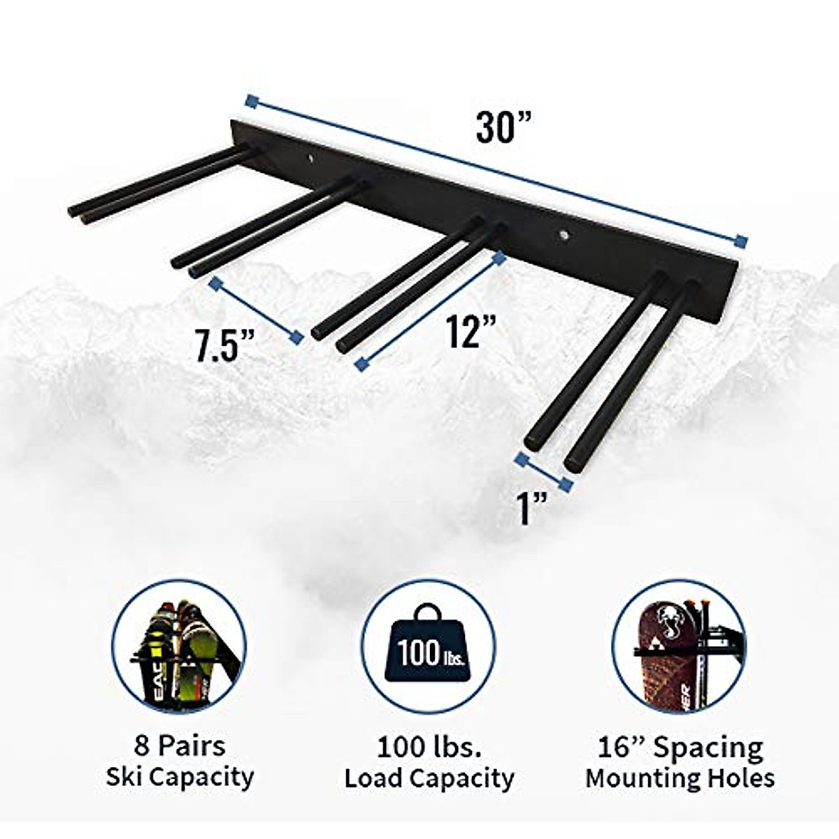 StoreYourBoard Ski Wall Storage Rack, Holds 8 Pairs, Steel Home and Garage Skis Mount