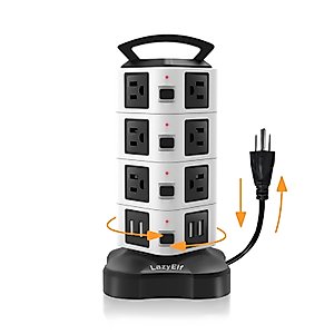 Surge Protector Power Strip Tower with Night Light, Lazy Elf Extension Cord 8 AC Multi Smart Plug Outlets with 4 USB Ports, Flat Plug Outlet (White)