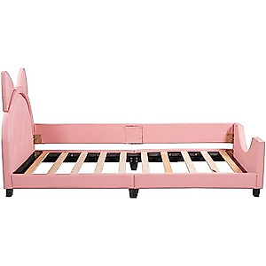 Twin Size Cute Upholstered Daybed PU Leather Sofa Bed with Carton Ears Shaped Headboard & Wooden Platform Bed Frame - with Low Profile Single Design - No Box Spring Needed (Color : Pink-a)