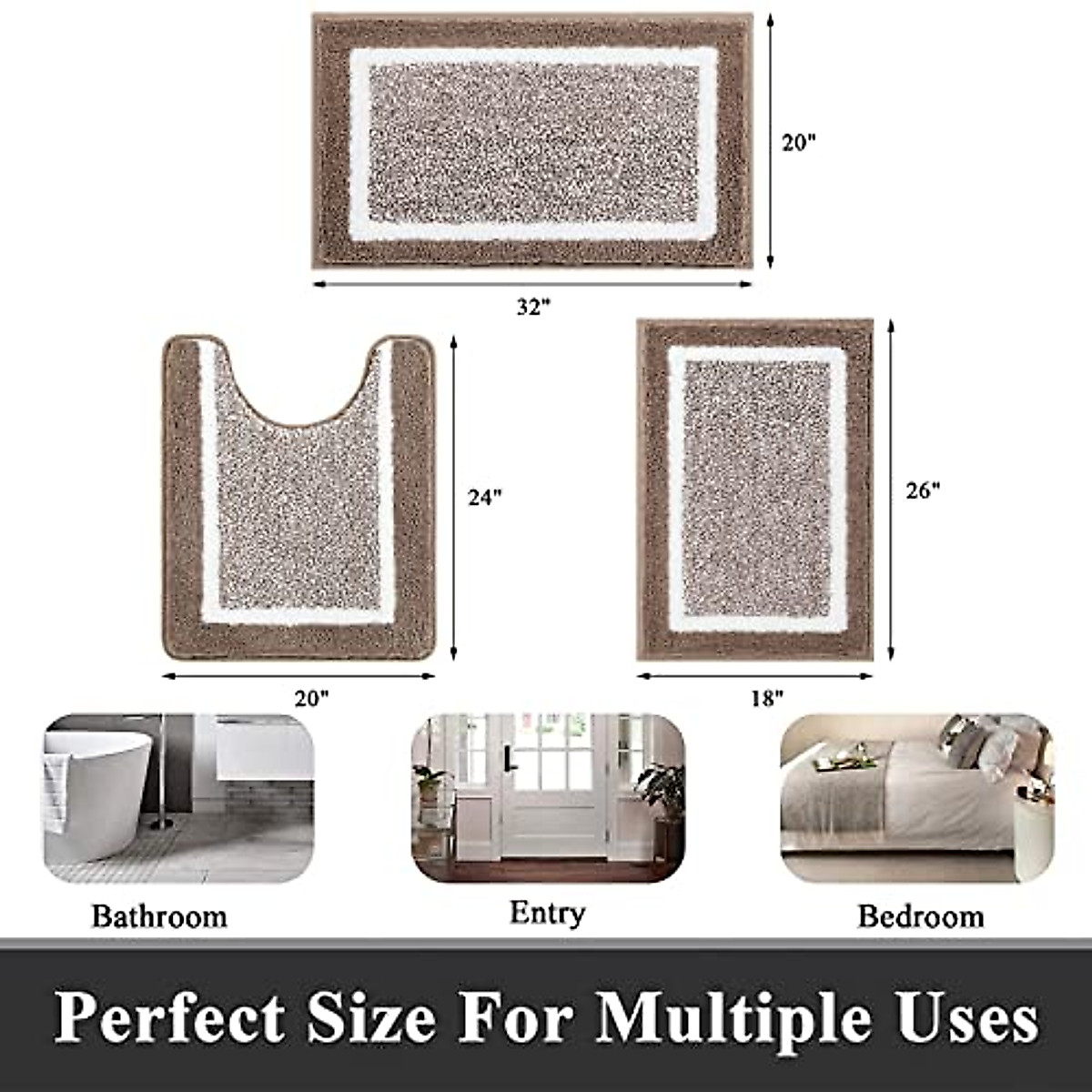 Pauwer Bathroom Rugs Sets 3 Piece Bathroom Shower Rugs with U-Shaped Contour Toilet Mat Absorbent Microfiber Plush Bath Mats Non Slip Bath Rugs Machine Washable Shaggy Bathroom Floor Mats, Coffee