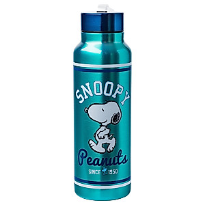 Silver Buffalo Peanuts Snoopy Collegiate Stainless Steel Water Bottle with Strap, 27 Ounces