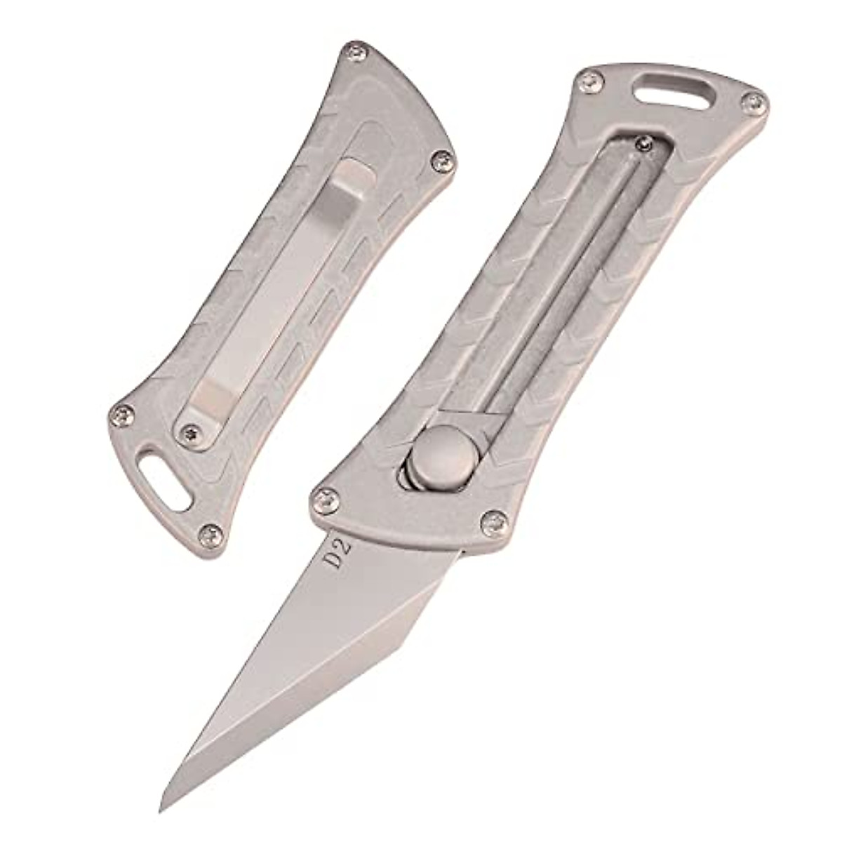 Samior S21 Retractable Blade Utility Knife 1.8 inches D2 Replaceable Razor Blade, 3.5 inches Grey Titanium Handle