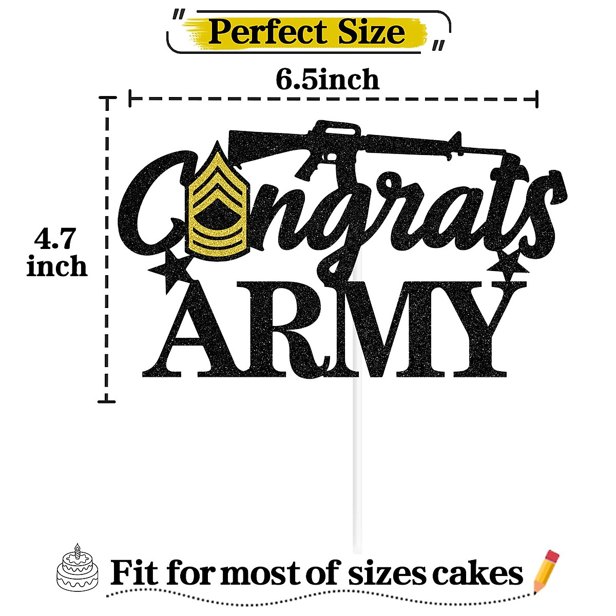 Black Glitter Congrats Army Cake Topper, Army Soldier Fighter Veteran's Day Cake Decorations, Airman Military Themed Graduation Retirement Party Decorations (E-8)