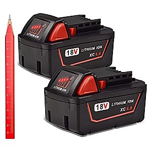 WORTHMAH 2 Pack 6.0Ah 18V M-18 Batteries Replacement for Milwaukee M18 Lithium Battery Compatible with 48-11-1815 48-11-1820 48-11-1828 ，with 1 Carpenter Pencil