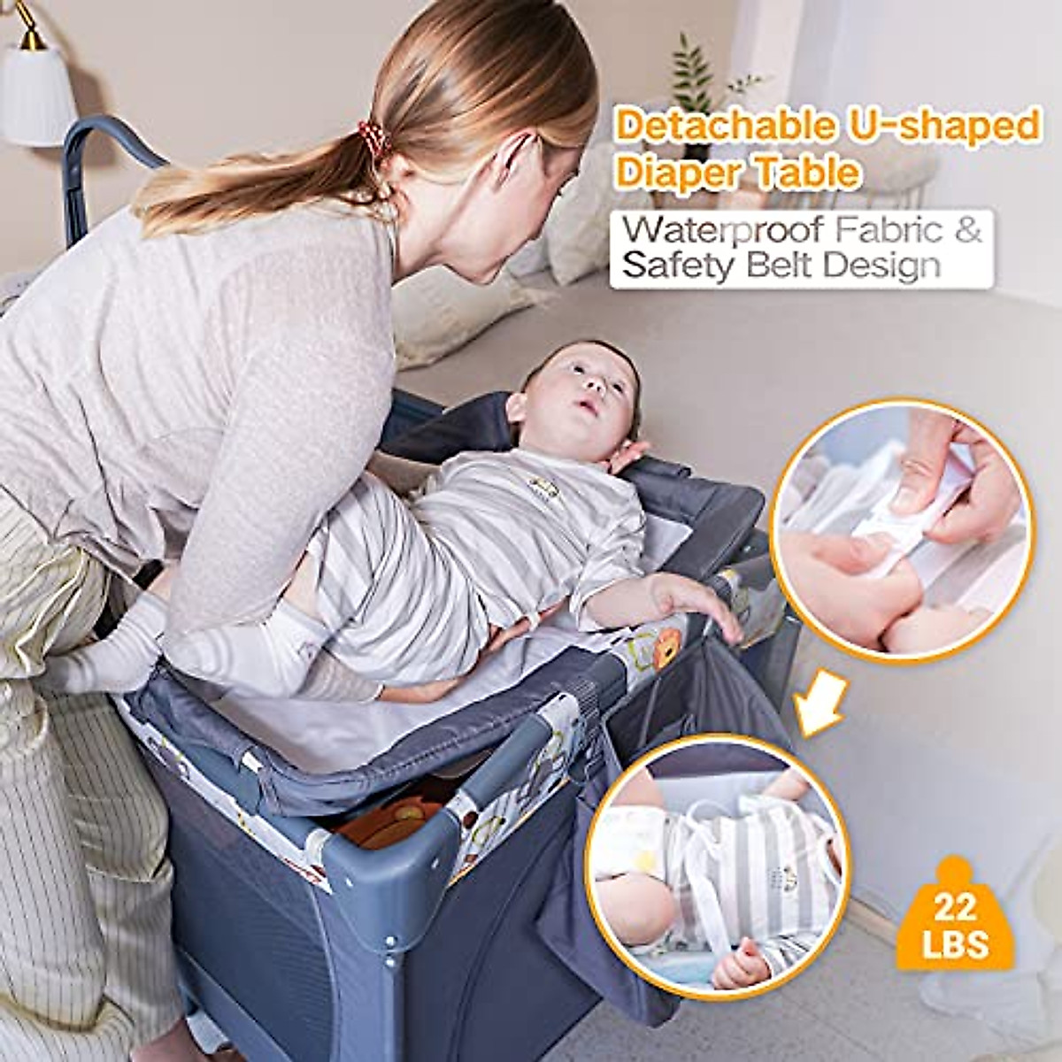 SKIH 5 in 1 baby bedside Sleeper, Bassinet with Toys & Music Box, Mattress, Foldable Playard, Portable Travel crib for Girl Boy Infant Newborn (Grey)