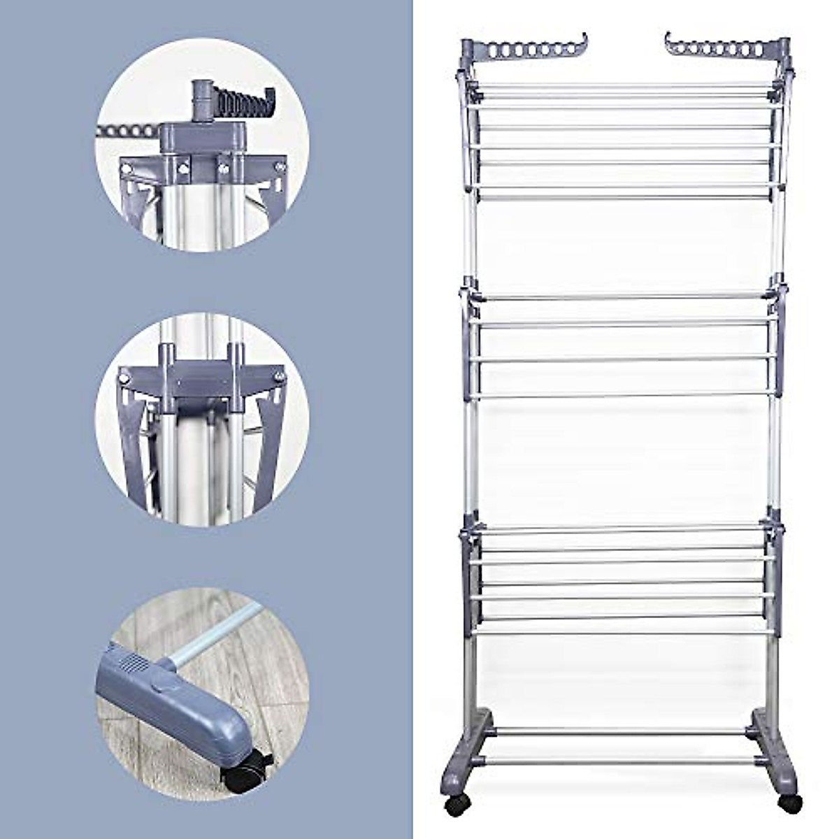 YOUUD Clothes Drying Rack 3-Tiers with Retractable Trays, Collapsible Shelves, Rolling and Base with Casters, Stainless Laundry Dryer Indoor/Outdoor Standing Rack