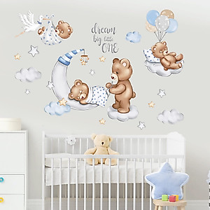 wondever Sleeping Baby Bear Wall Stickers Dream Big Clouds Ballons Peel and Stick Wall Art Decals for Kids Bedroom Baby Nursery