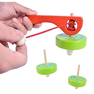 Kisangel 3Pcs Wooden Gyroscope Toy Wooden Top with Handle and Pull String Wire for Kids Toddlers Toys