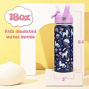 ACESAK 18oz Kids Insulated Water Bottle with Straw Lid - 18/8 Stainless Steel Kid Cup Travel Tumbler Double Wall Vacuum Leak Proof Portable Toddler Water Bottle (Unicorn + Mermaid)