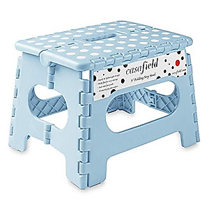 Casafield 9" Folding Step Stool with Handle, Blue - Portable Collapsible Small Plastic Foot Stool for Kids and Adults - Use in The Kitchen, Bathroom and Bedroom