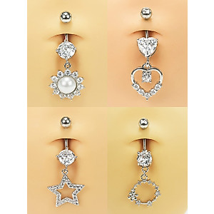 14G Surgical Steel Belly Button Rings Round/Love Heart Clear CZ Navel Curved Barbell Studs Sexy Body Piercing (4PCS - Steel - Style B)