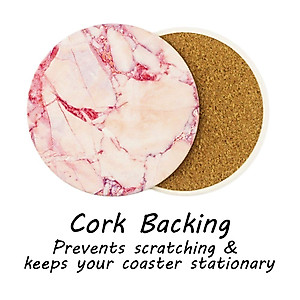 AD Set of 6 Coasters for Drinks Absorbing Round Ceramic Stone Coaster with Cork Base Tabletop Protection Mat for Mugs and Cups,Office,Kitchen (Pind Marble with Holder)