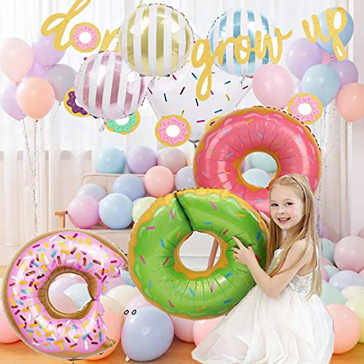 foci cozi,58PCS Donut Birthday Party Set Decorations Kit-Donut Grow Up Banner Mylar Foil,Latex Balloons Cupcake,Cake DIY Toppers for Donut Birthday Party Decorations.