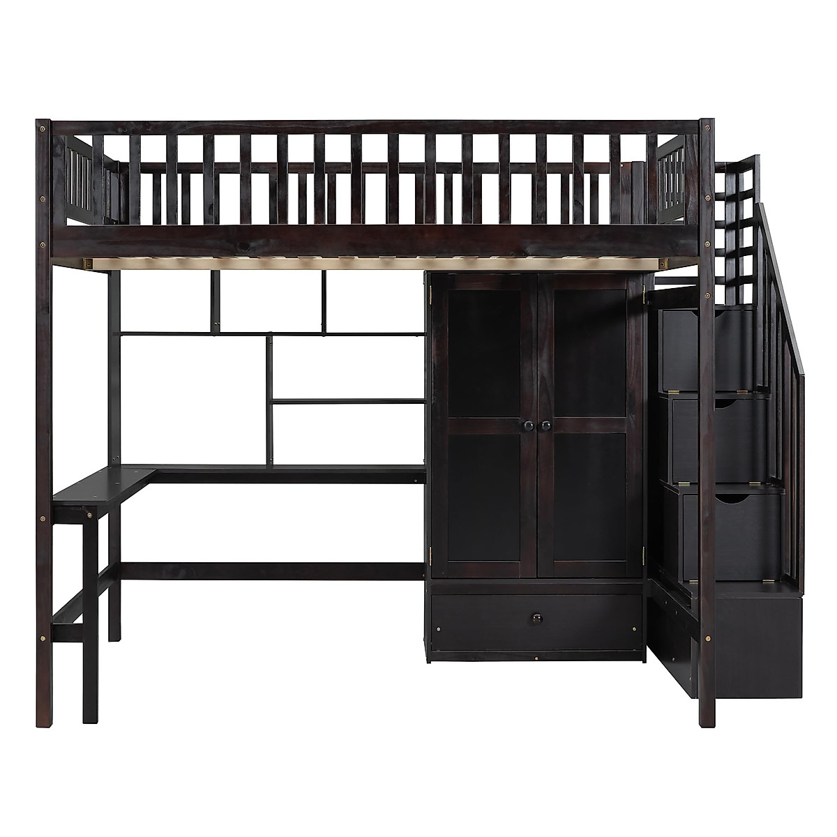 Full Size Loft Bed with Desk, Wardrobe, High Loft Bed Frame with Storage Staircases, Drawer Solid Wood Loft Beds for Kids, Boys and Girls,Teens, No Box Spring Needed (Espresso)