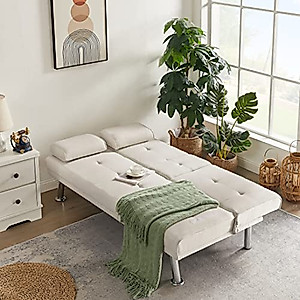 Verfur Convertible Futon Bed with Cupholders,Modern Upholstered Loveseat Sleeper, Folding Lounge Recliner Comfy Sofa & Couches Sofabed, White