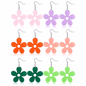 6 Pairs Retro Earrings for Women Girl Groovy Retro Daisy Flower Earrings Hawaii Daisy Flower Earrings Dangle Acrylic Daisy Flower Hawaii Plant Earrings Wild Lily Petals, 6 Colors