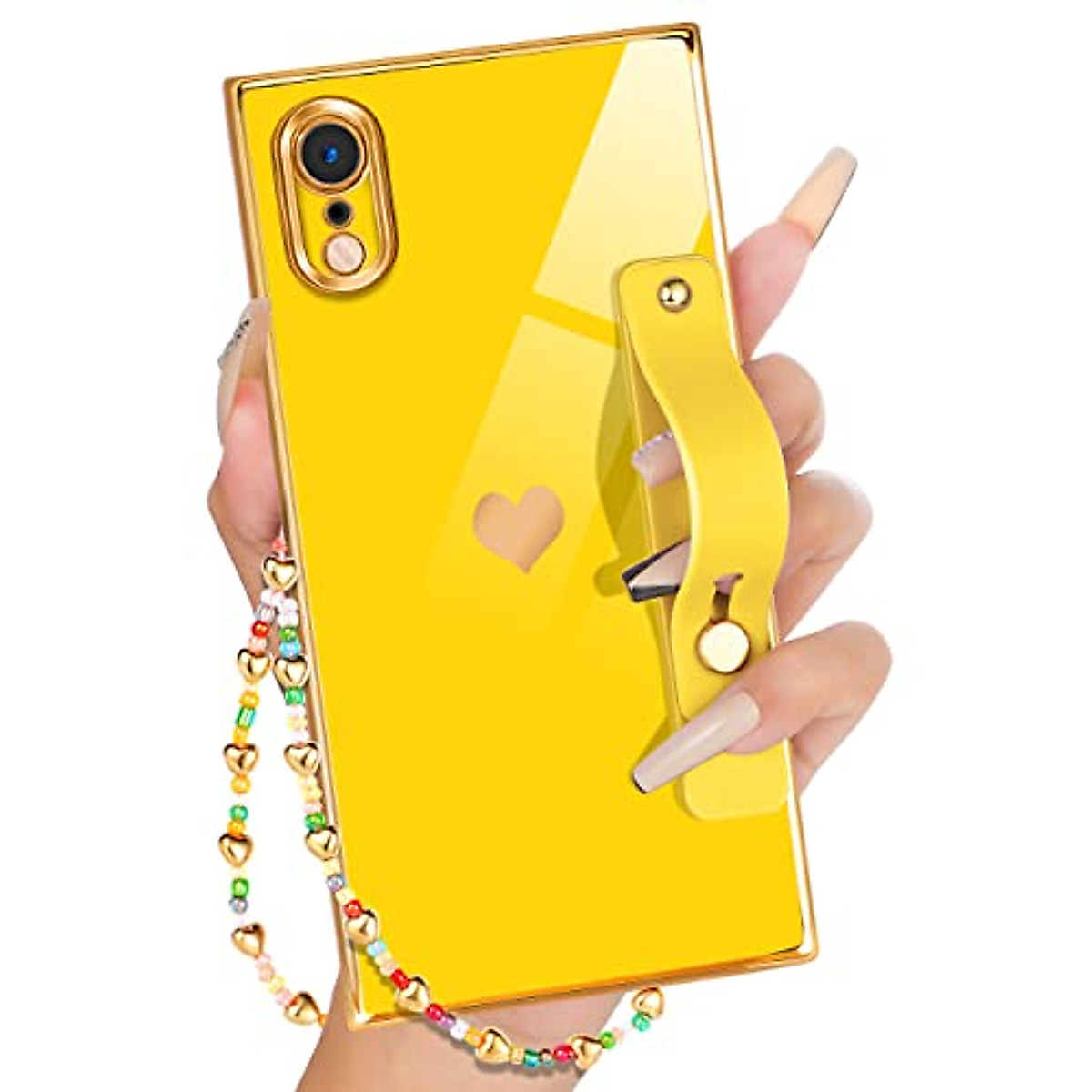 Petitian for iPhone XR Case Stand/String, Luxury Cute Women Girls Heart Electroplated Designer Phone Cases for XR, Yellow