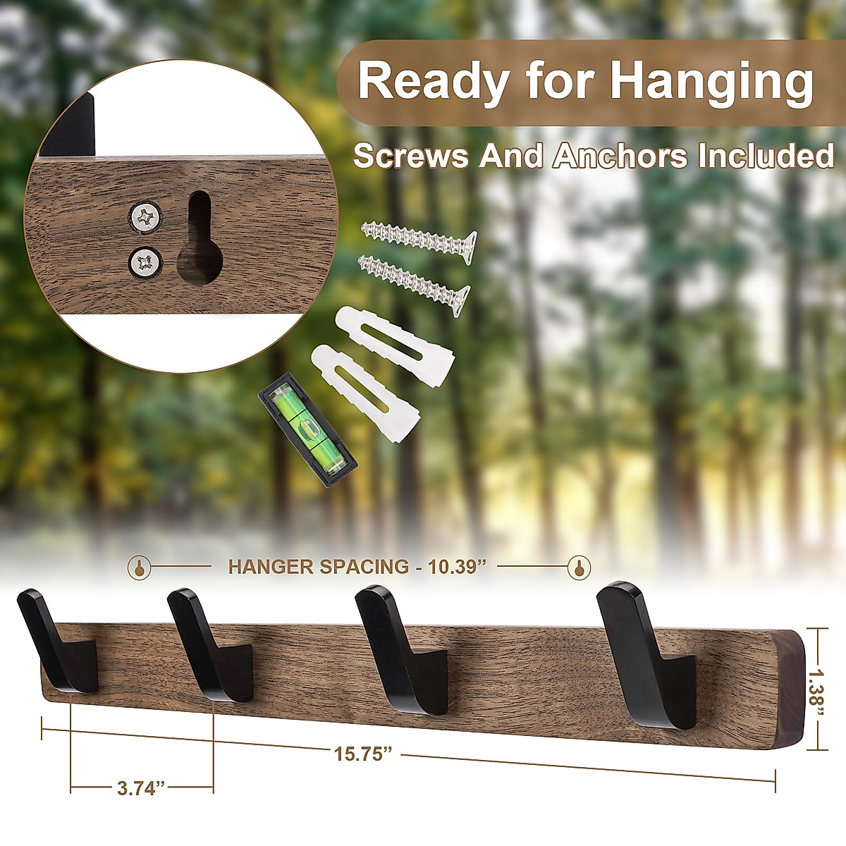 FATASTY Coat Hooks Wall Mount, Solid Walnut Wall Coat Rack with 4 Aluminum Hooks, 15.75 inches Coat Rack Wall Mount Hooks for Hanging Coats, Backpacks, Hats, Towels, Bags,etc.