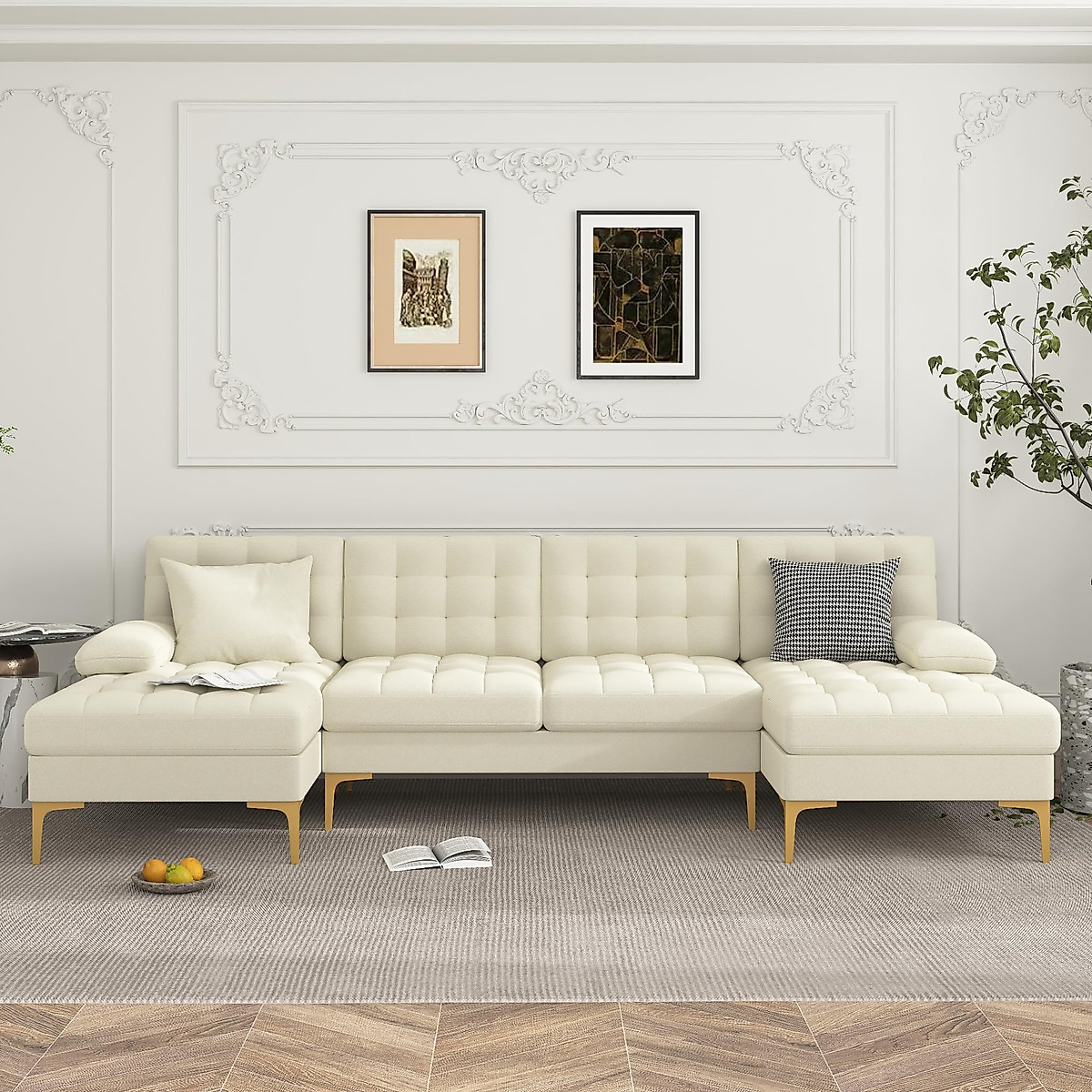 VERYKE U Shape Sectional Sofa Couch,Modern 110'' Linen Button Tufted Sectional Couch Sofa, Upholstered Sofa Bed with Metal Legs for Living Room