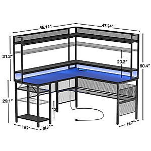 Unikito L Shaped Desk with Power Outlet, Reversible L-Shaped Computer Desk with Storage Shelves & Monitor Stand, Gaming Desk with Led Light, Black