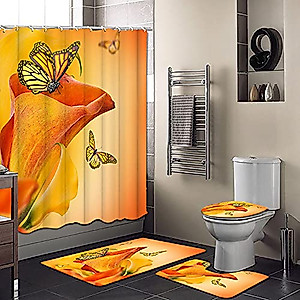 LyerArtork 4 Pieces Calla Lily and Butterfly Shower Curtain Set with Non-Slip Rug Toilet Lid Cover and Bath Mat Orange Valentines Day Bathroom Decor with Hooks Spring Flower Floral Bathtub Curtain