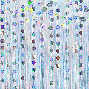 Iridescent Tinsel Foil Fringe Curtains for Birthday Party Photo Backdrop Circle Dots Garland Holographic Backdrop for Disco Euphoria Party Decorations