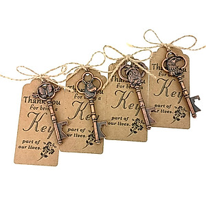 40pcs Skeleton Key Bottle Opener Wedding Party Favor Souvenir Gift with Escort Tag and Jute Rope (Copper Tone,4 Styles)