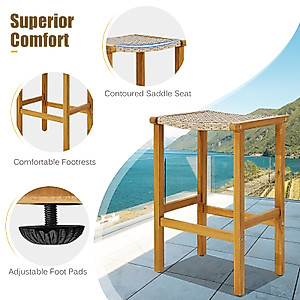 COSTWAY Outdoor Bar Stools Set of 2, 30-inch Height Backless Bar Chairs with Acacia Wood Frame, PE Wicker Saddle Seat, Footrest, Patio 2-Pack Bar High Stools for Garden Porch Poolside Backyard