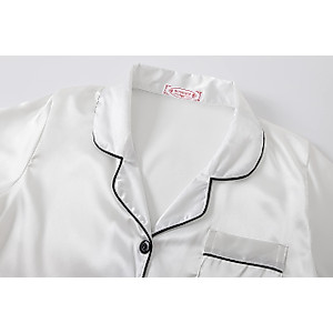 Vopmocld Big Kids Unisex Pjs Set Girls Boys Silk Pajama Sets Satin Clasic Sleepwear Summer 2 Pieces Button Down Nighty, White, 14