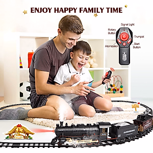 Hot Bee Train Set for Boys - Remote Control Train Toys w/Steam Locomotive, Cargo Cars & Tracks,Trains w/Realistic Smoke,Sounds & Lights,Christmas Train Toys for 3 4 5 6 7+ Years Old Kids