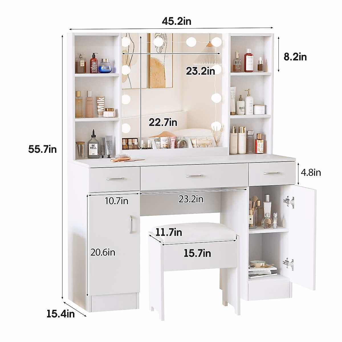 Vabches Vanity with Lighted Mirror, Large Vanity Desk Makeup Vanity Table Set with Comfortable Bench and Side Cabinets, Lots Storage, 45.2inch, White