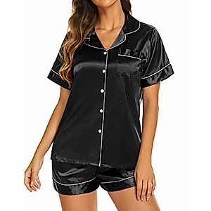Ekouaer Women's Silk Satin Pajama Set Button Down Sleepwear with Shorts Set 2 Piece Lounge Set (Black,M)