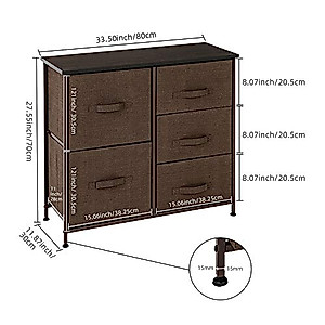 Wide Dresser Storage Tower with 5 Drawers - Sturdy Steel Frame, Wood Top, Easy Pull Fabric Bins - Organizer Unit for Bedroom, Hallway, Entryway, Closets - Textured Print Brown