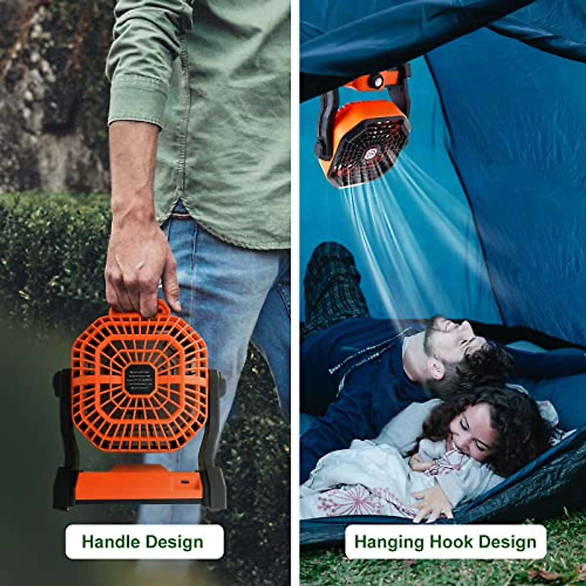 ERAVSOW Portable Camping Fan, USB Rechargeable Fan with Light & Hook, Battery Operated Powered Fan for Outdoor,Home,Office,Tent,Desk,Travel(Orange)