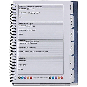 RE-FOCUS THE CREATIVE OFFICE, Password Book Keeper, Black, Small, Mini, Alphabetical Tabs, Spiral Bound, Removable Sheets, Journal Organizer, Includes, Website, Address, Username, Password