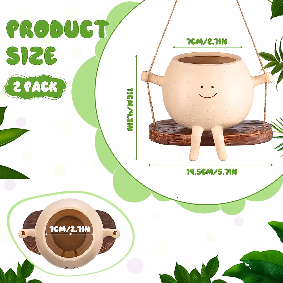 Domensi 2 Pcs Swing Hanging Planter Cute Planter Pots for Outdoor Plants Indoor Face Hanging Head Succulent Pots for String Resin Lovely Flower Pots Plant Hanger Indoor with Drainage Hole Gifts