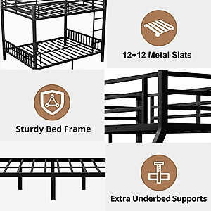 Luckiofvonne Queen Over Queen Bunk Bed for Adults, Heavy-Duty Metal Bunk Bed Frame with Ladder, High Guardrail and Slats Support, No Box Spring Needed, Black