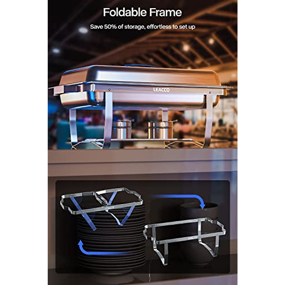 LEACCO Chafing Dishes Buffet Set, 4 Pack 8QT Stainless Steel Chafers Food Warmer Trays for Buffets, Parties